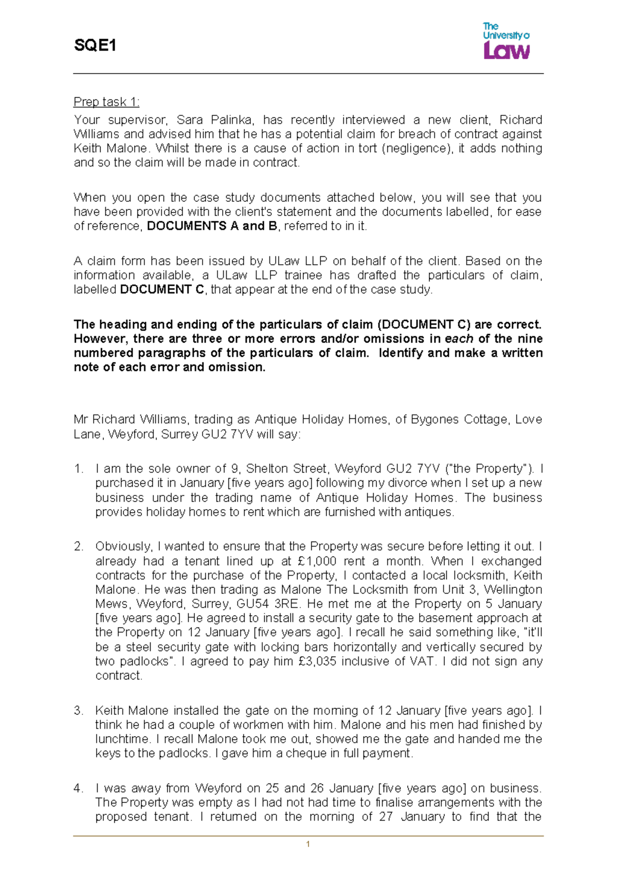 Prep task 1 - Prep Task on Statement of Case - Prep task 1: Your ...