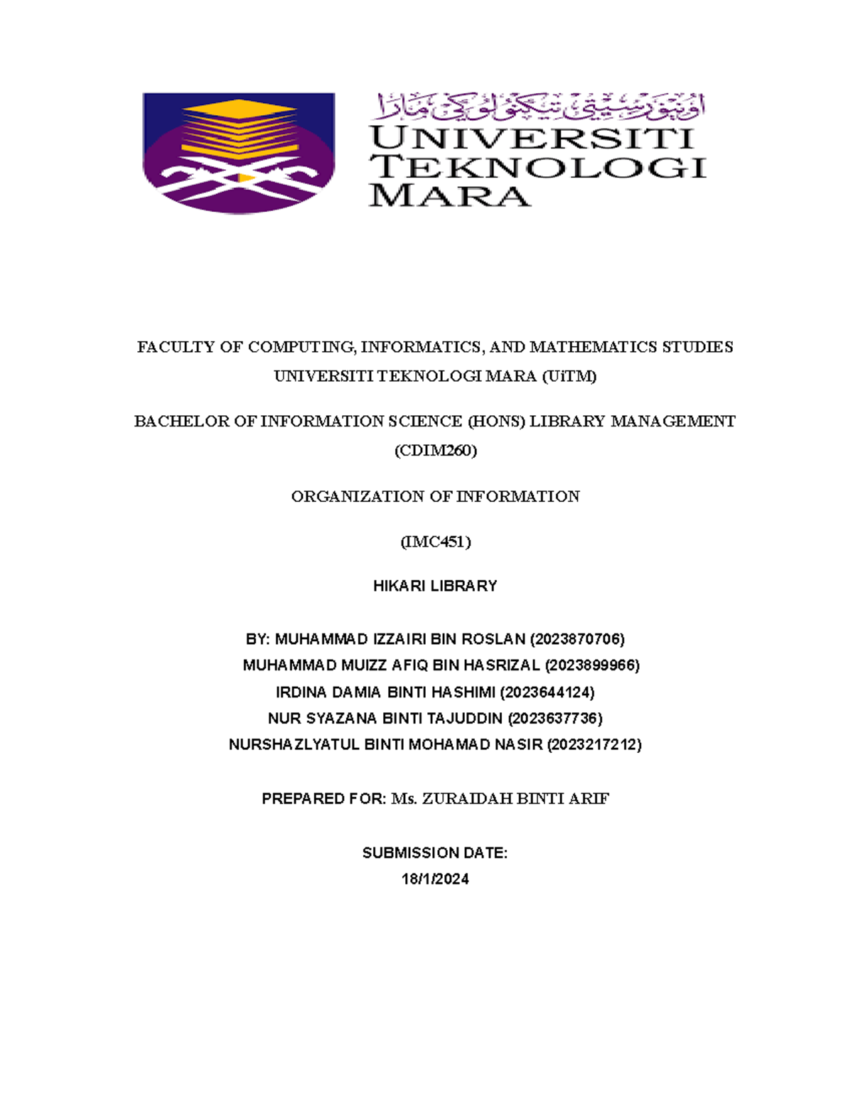 IMC451 Group Assignment - FACULTY OF COMPUTING, INFORMATICS, AND MATHEMATICS STUDIES UNIVERSITI ...