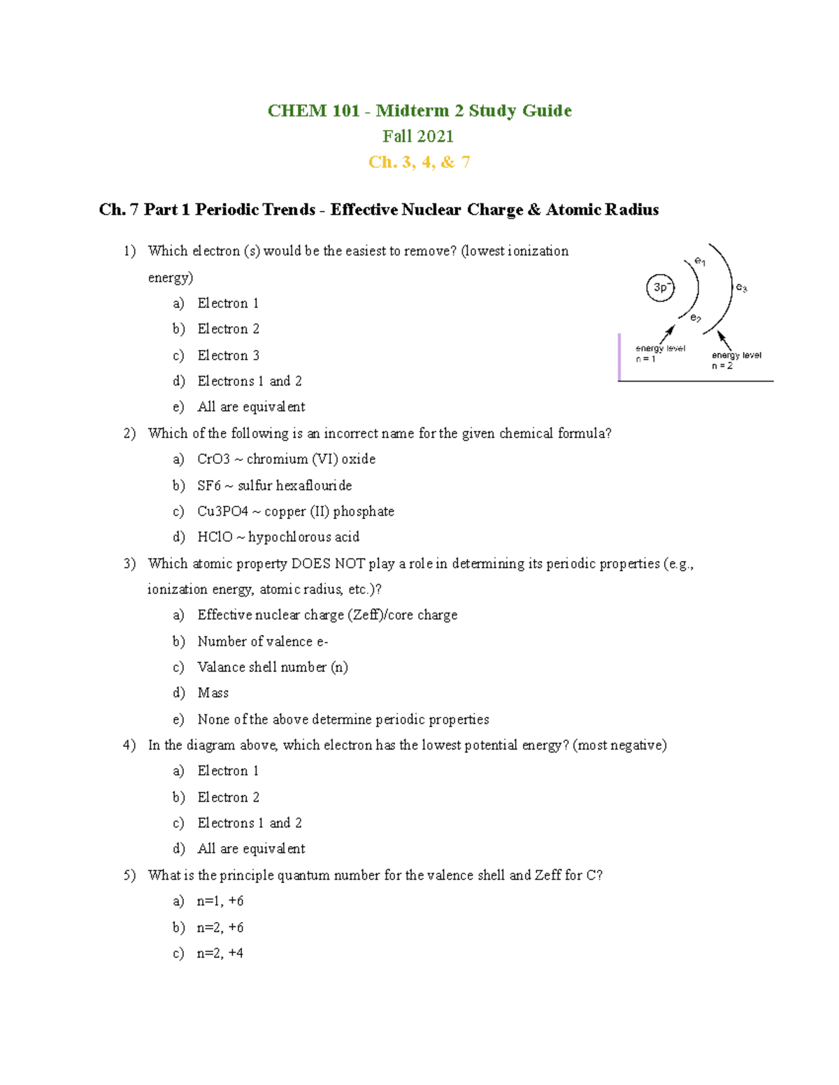 Chem 101 Midterm 2 Study Guide/Practice Problems - CHEM 101 - Midterm 2 ...