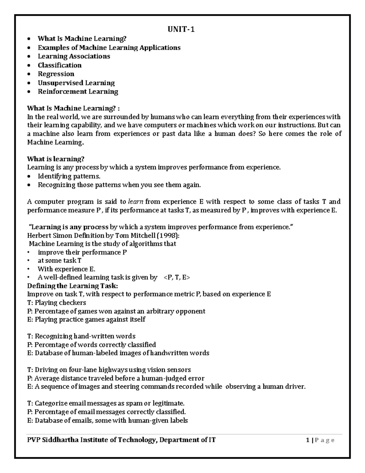 ML UNIT 1 - refer - UNIT- 1 What Is Machine Learning? Examples of Machine Learning Applications ...