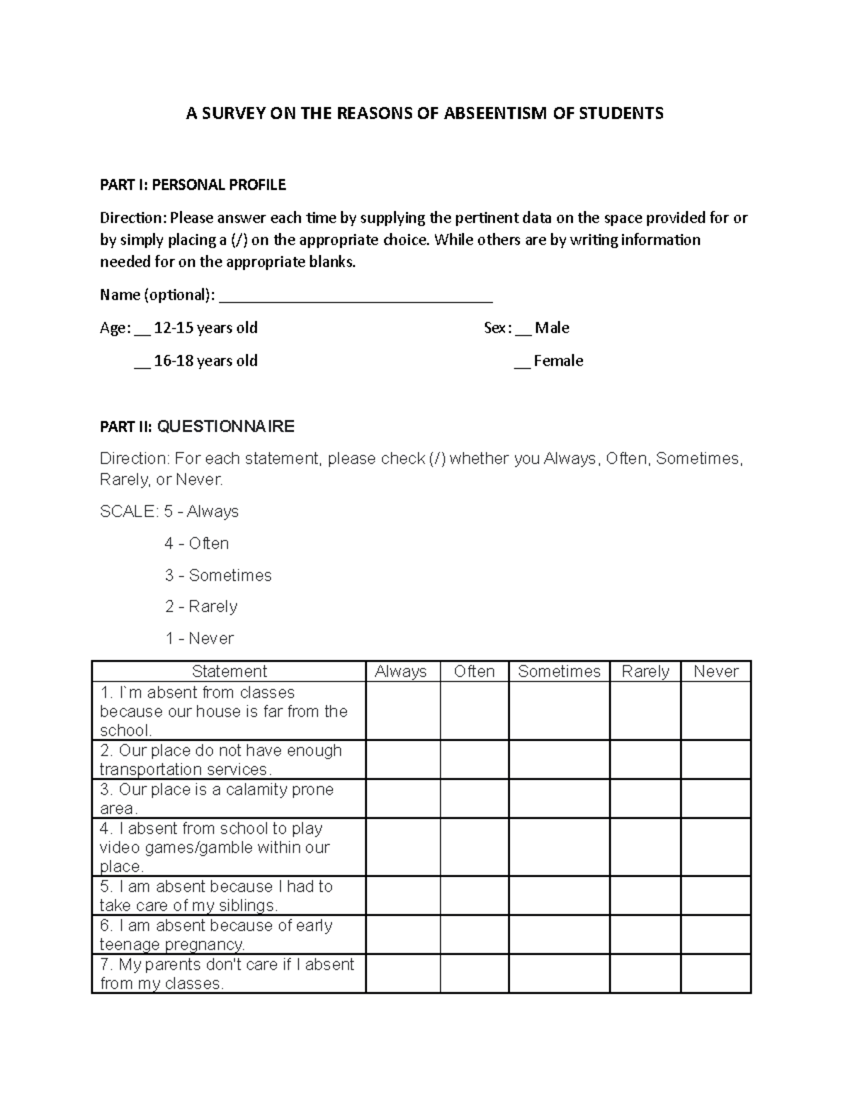 Survey- Group-7a - A SURVEY ON THE REASONS OF ABSEENTISM OF STUDENTS ...