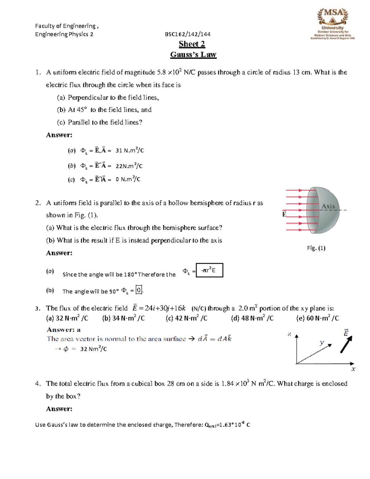 Sheet 2 MA BSC162-Spring 2018 - Engineering Physics 2 BSC162/142/ Sheet 2 Gauss’s Law 1. A ...