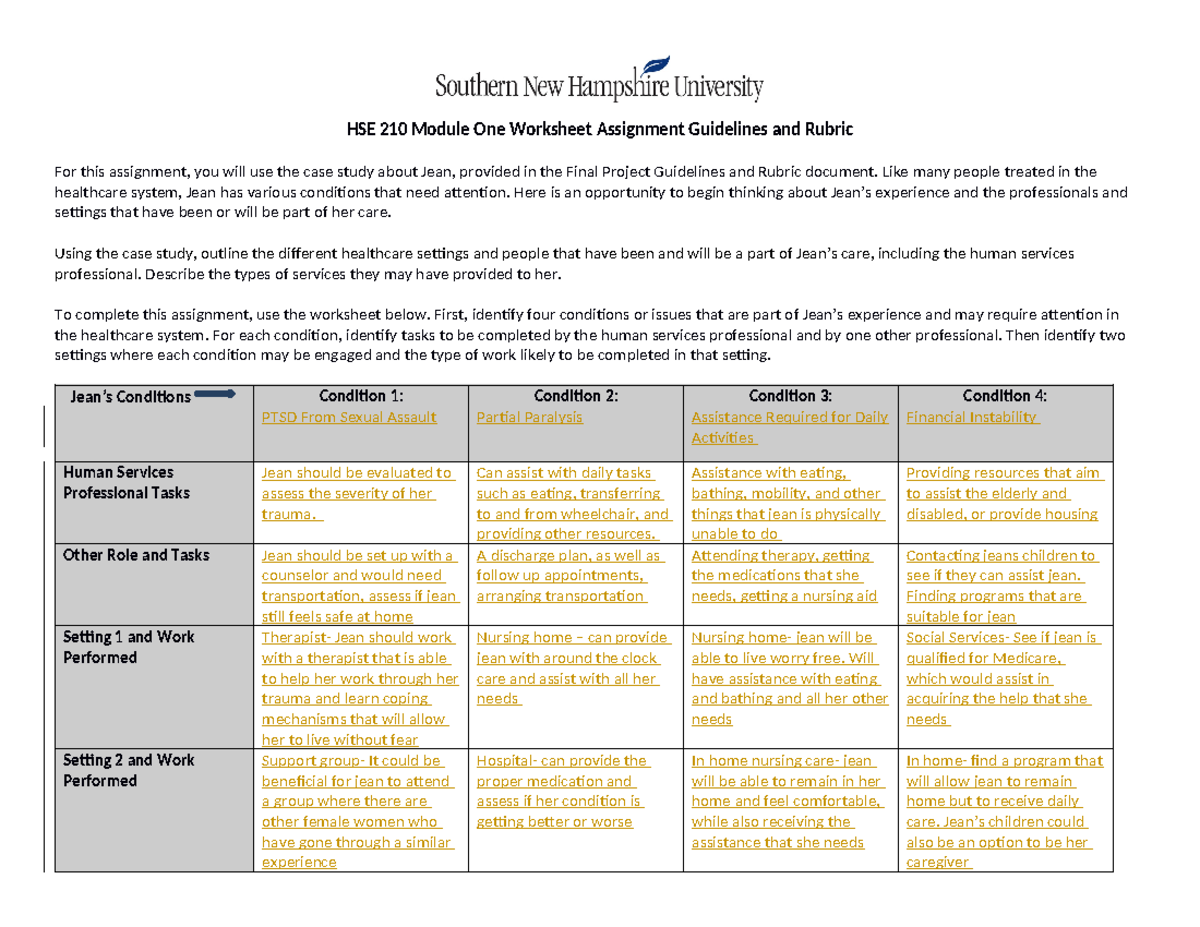 HSE 210 Module One Assignment - HSE 210 Module One Worksheet Assignment Guidelines and Rubric ...