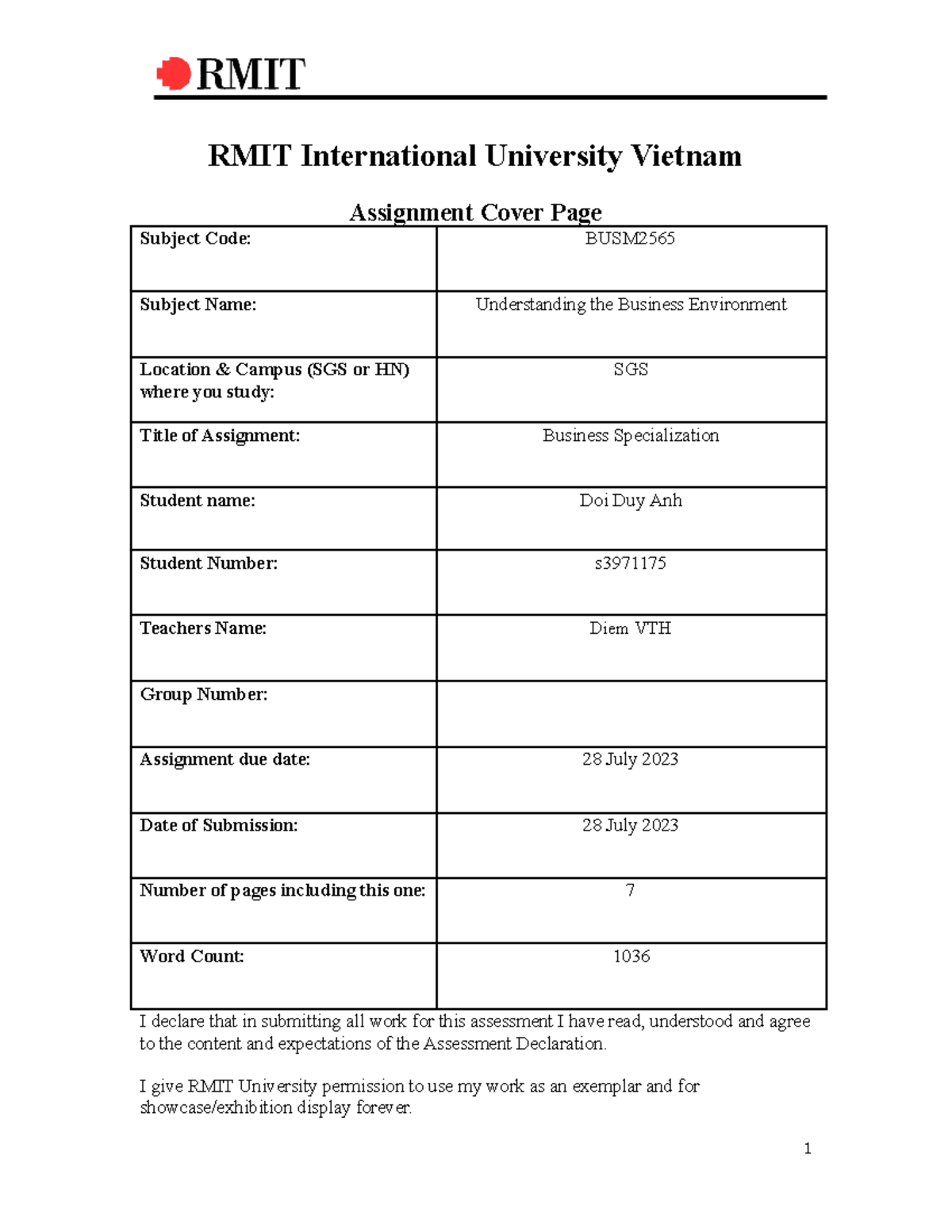 Assignment 1 - BUSM2565 - RMIT International University Vietnam ...