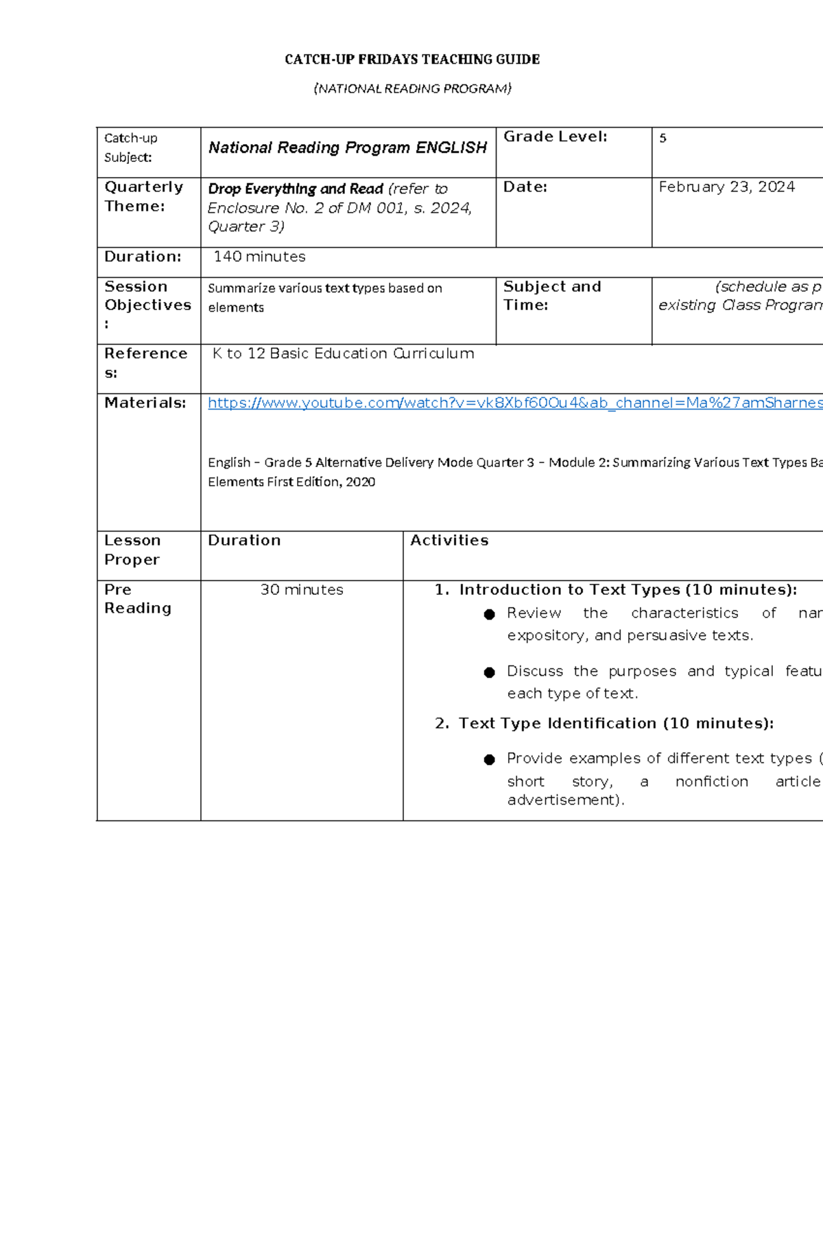 Grade 5-national reading program - (NATIONAL READING PROGRAM) Catch-up ...