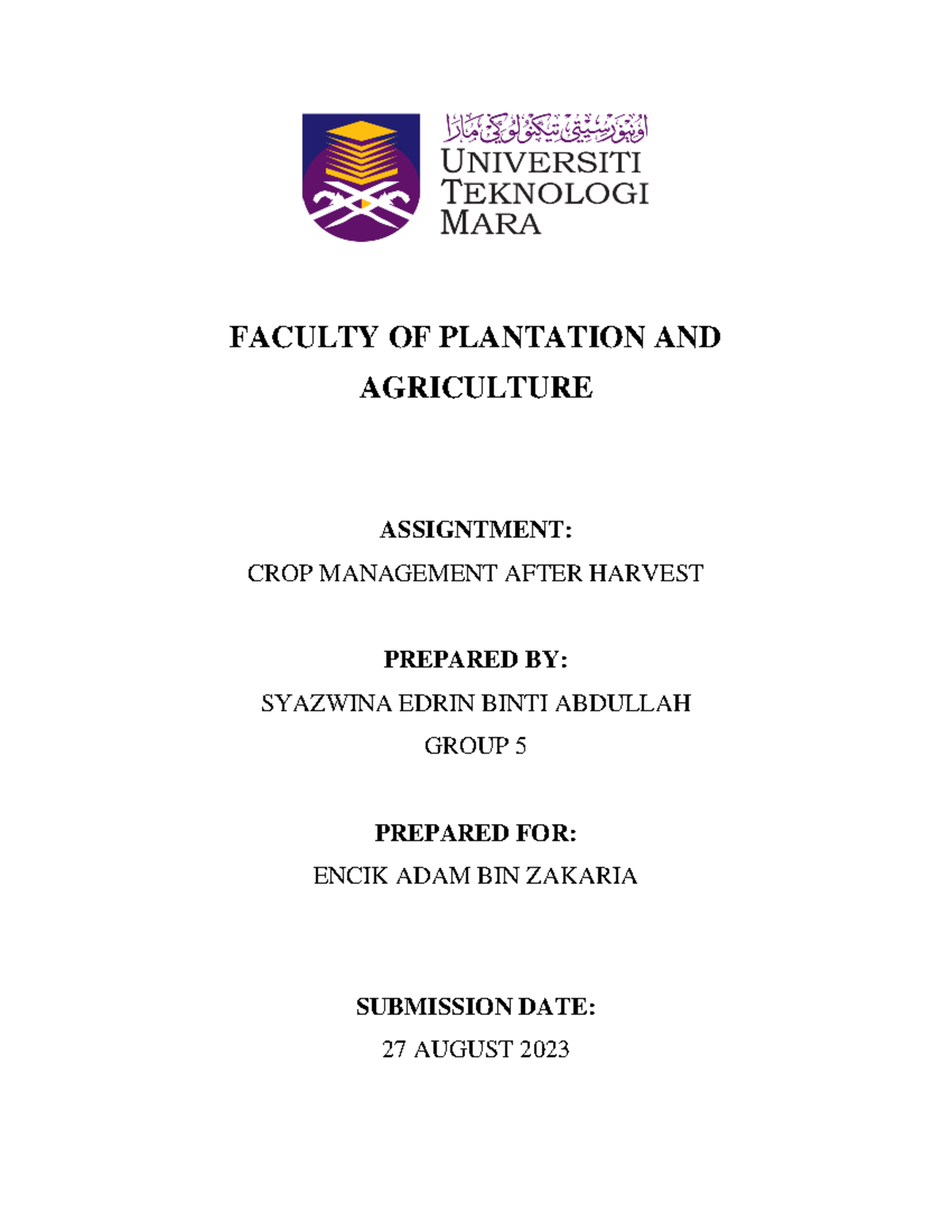 Assigntment Myagrosis - FACULTY OF PLANTATION AND AGRICULTURE ...