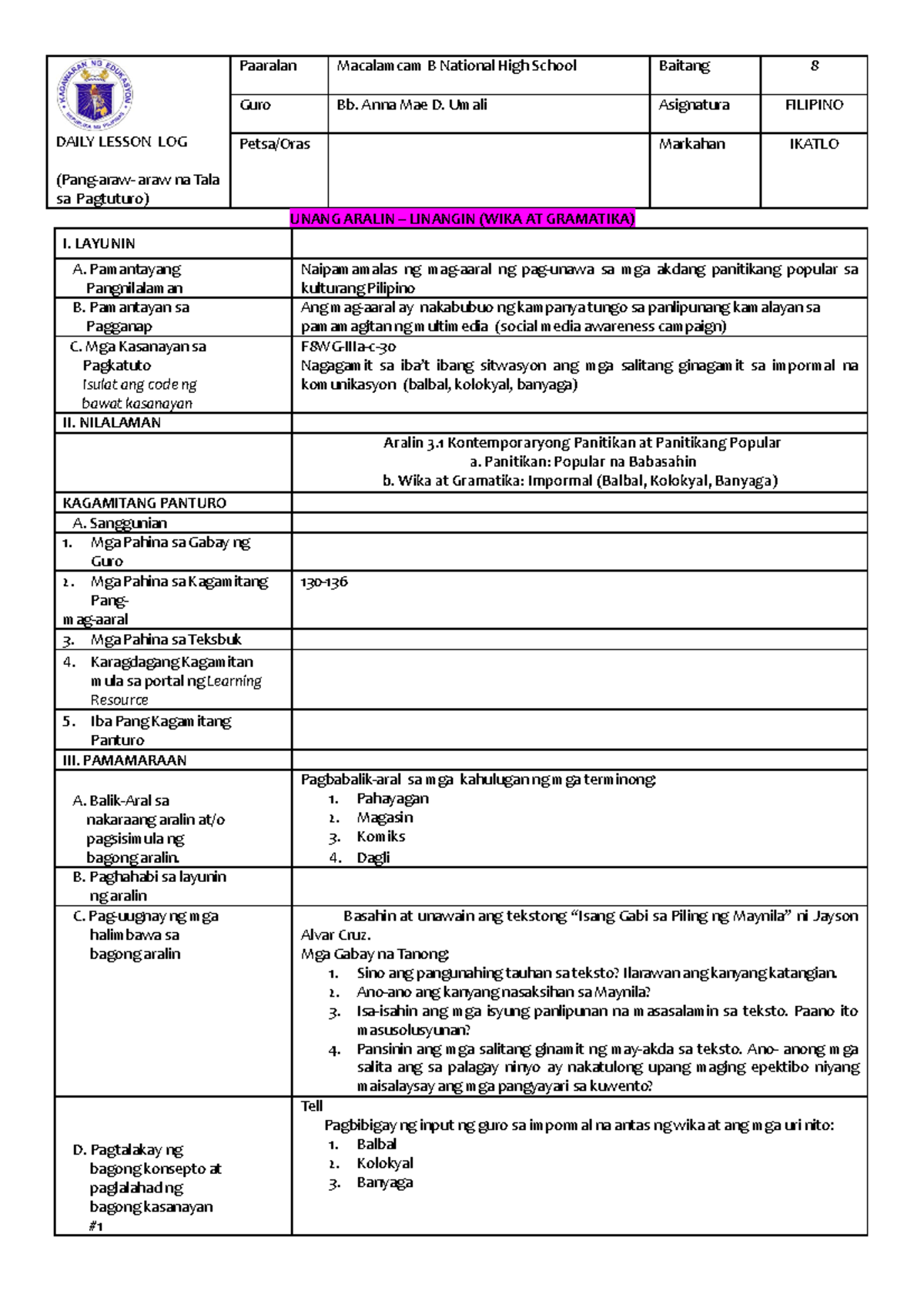 3.1 Gramatika - teaching materials - DAILY LESSON LOG (Pang-araw- araw ...