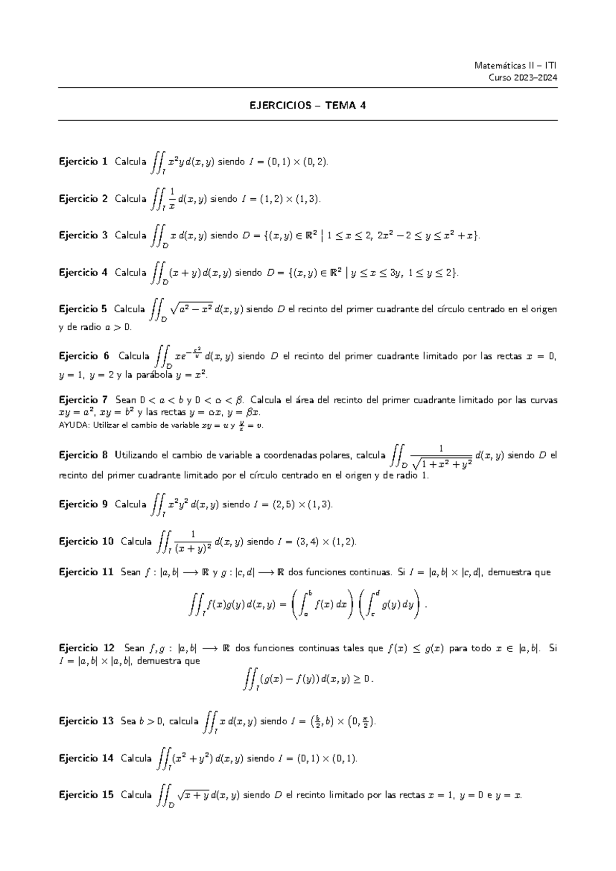 ITI-Ejercicios Tema04 - Matem ́aticas II – ITI Curso 2023– EJERCICIOS – TEMA 4 Ejercicio 1 ...