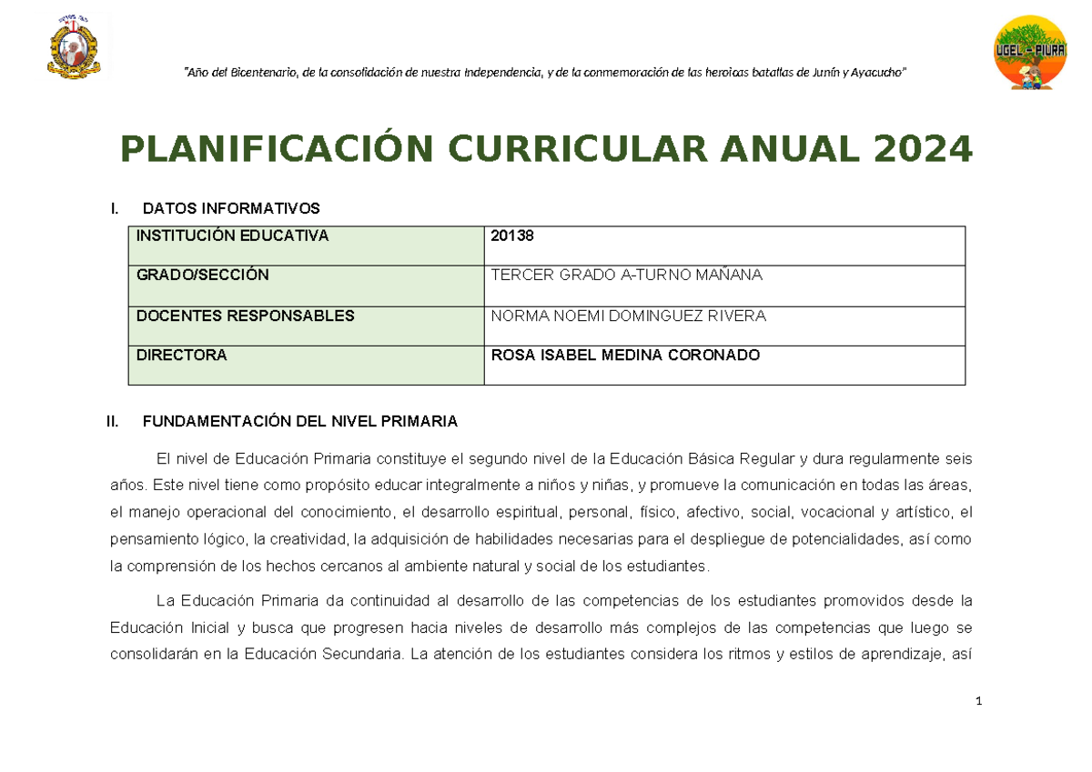 PCA 2024 - 2013 8 - PLANIFICACIÓN CURRICULAR ANUAL 2024 I. DATOS INFORMATIVOS INSTITUCIÓN ...