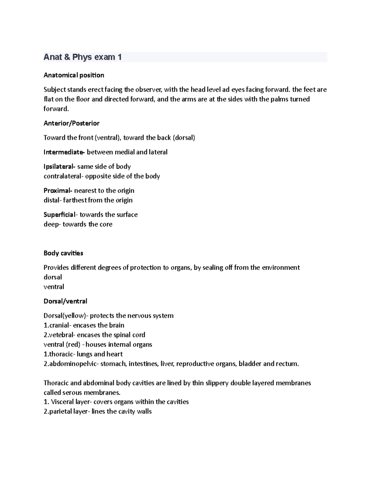 A and P exam 1 - Notes/Review - Anat & Phys exam 1 Anatomical position ...