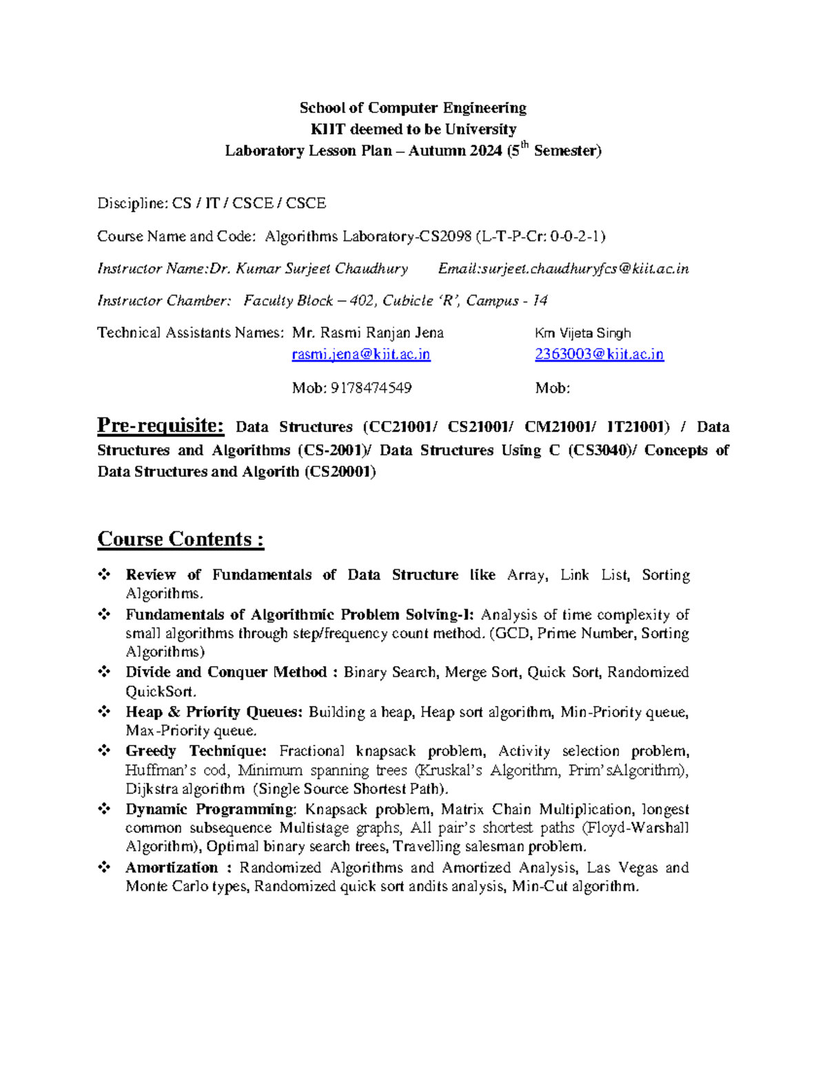 2024 Autumn DAA Lab Manual CS2098 CSE-15 - School of Computer Engineering KIIT deemed to be ...