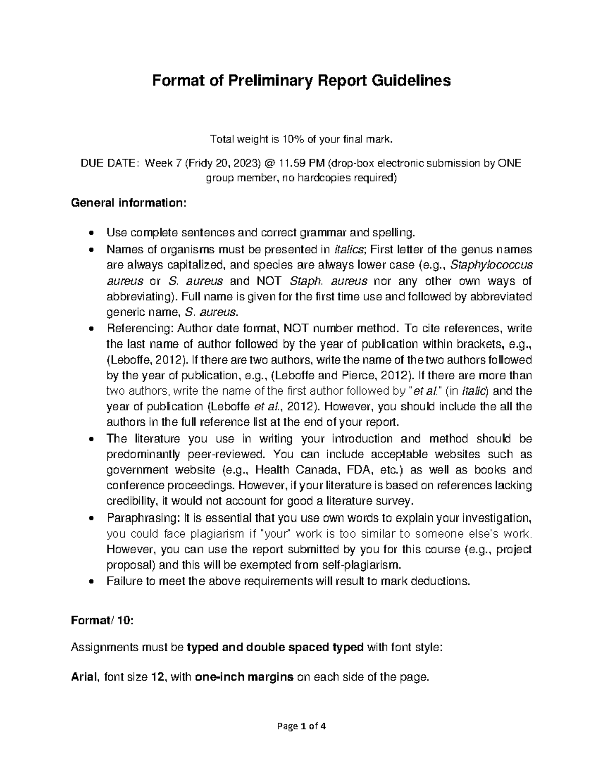 Format of Preliminary Report BI 303 2023F - Format of Preliminary ...