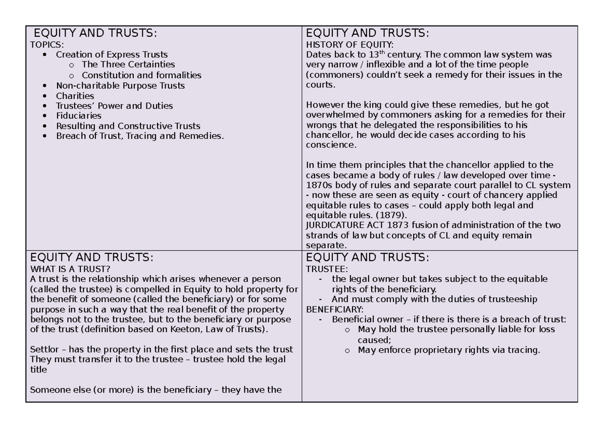Revision Equity and Trusts - EQUITY AND TRUSTS: TOPICS: Creation of ...