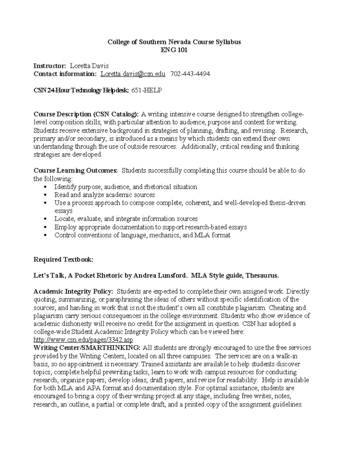 ENG101syllabusfall 2023 - College of Southern Nevada Course Syllabus ...