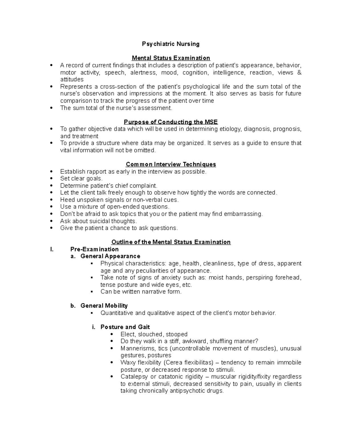 MSE (Part I) Psychiatric Nursing - Psychiatric Nursing Mental Status ...