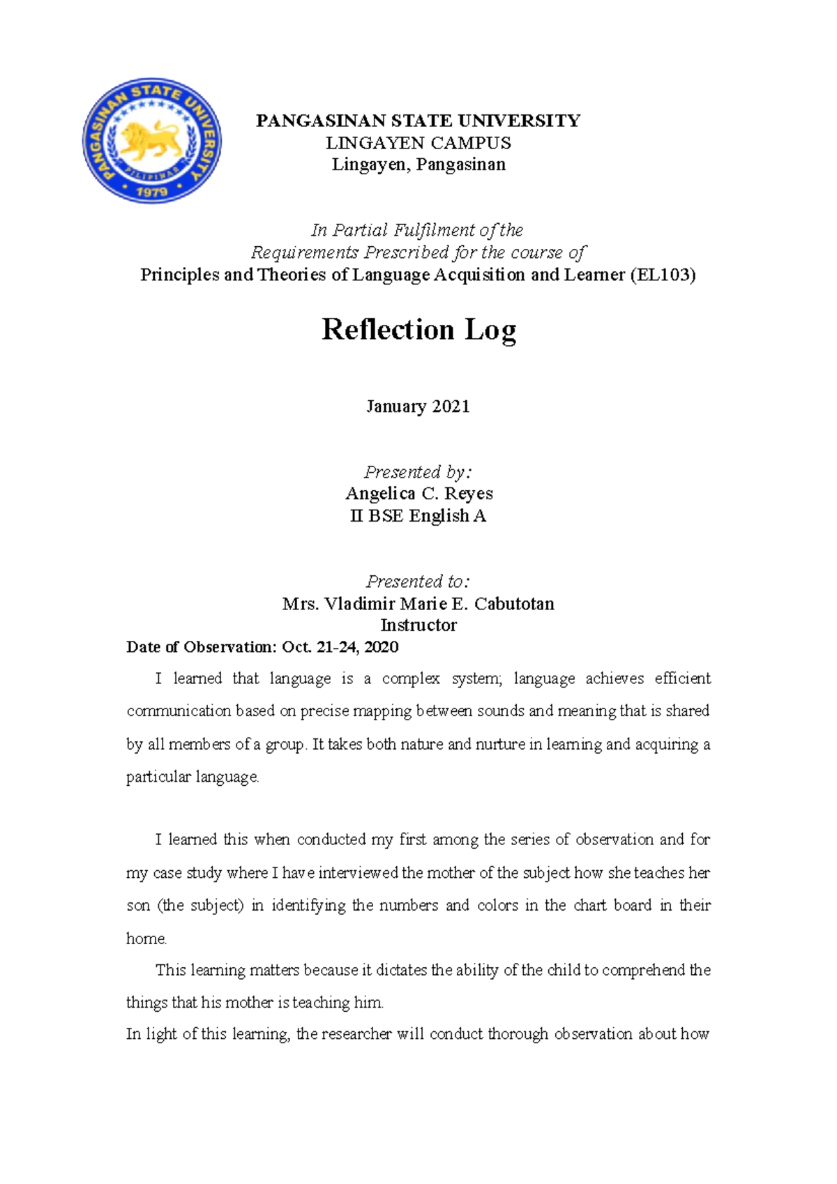 Reflection-log -Angelica-Reyes - BS. education - PangSU - Studocu