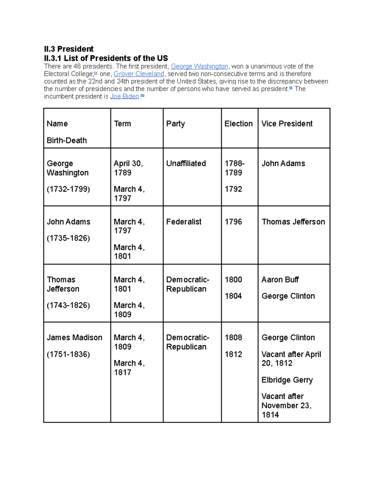 II - Speaking - II President II.3 List of Presidents of the US There ...