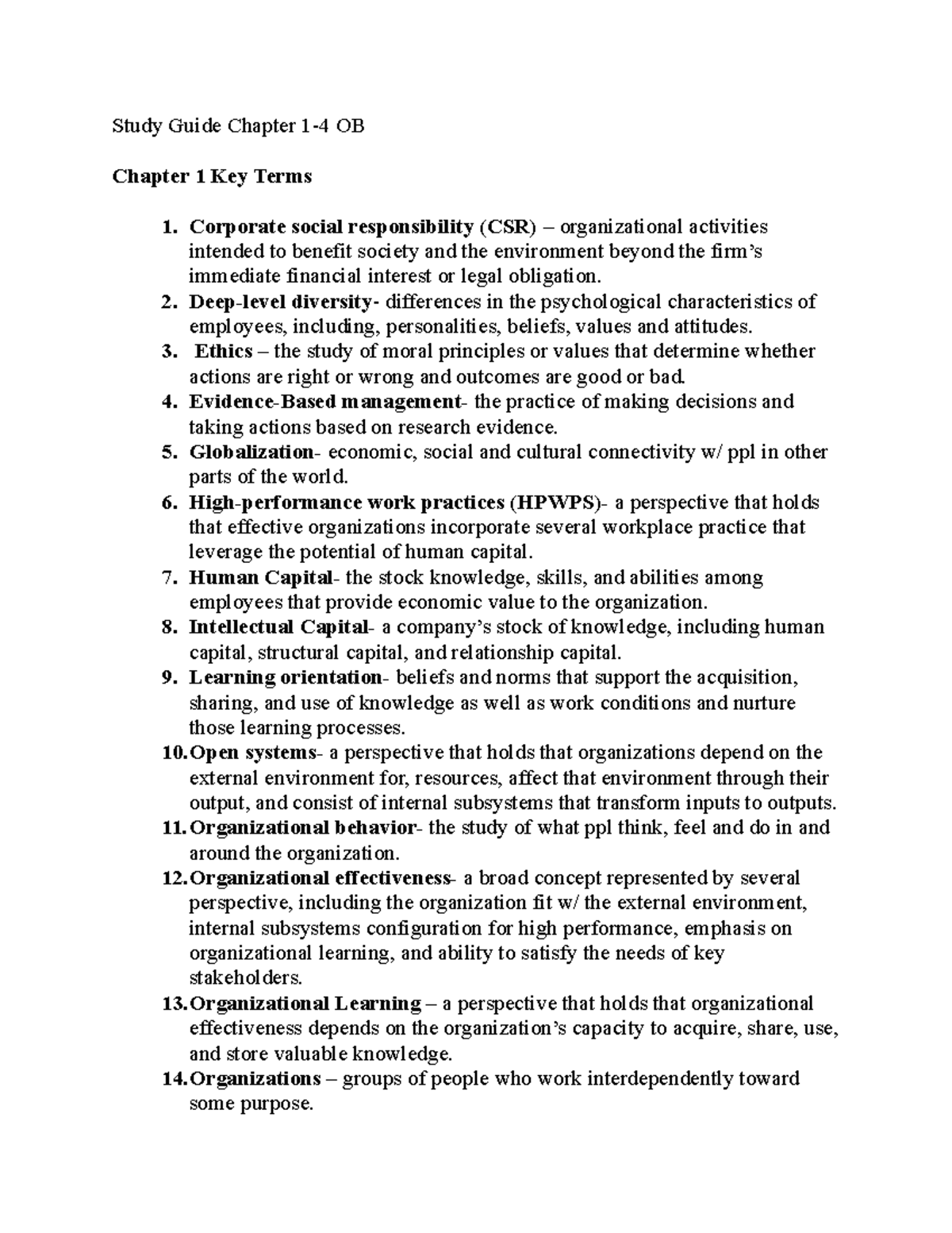 Study Guide Chapter 1 ob - Study Guide Chapter 1-4 OB Chapter 1 Key ...
