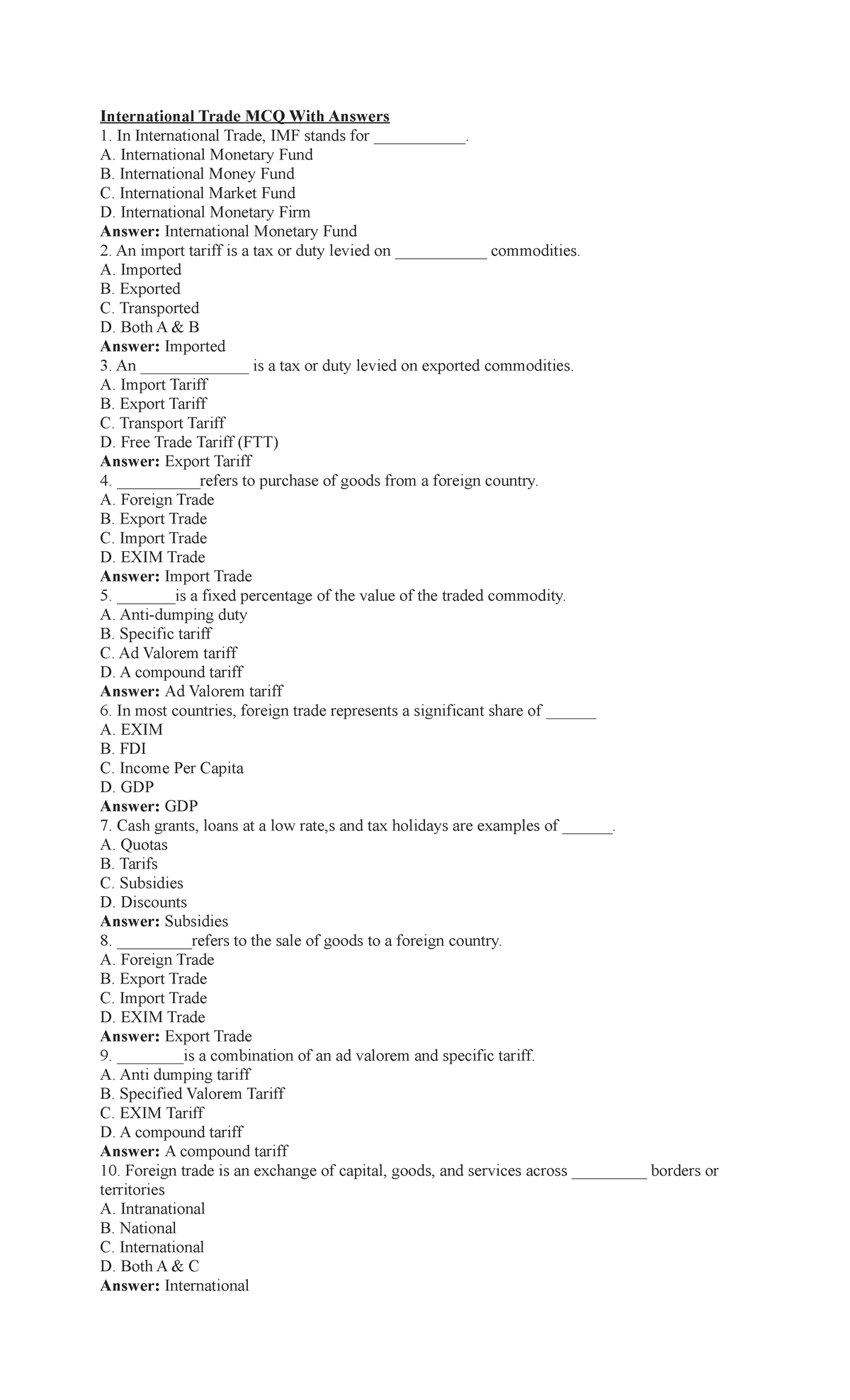 International Trade MCQ With Answers - A. International Monetary Fund B ...