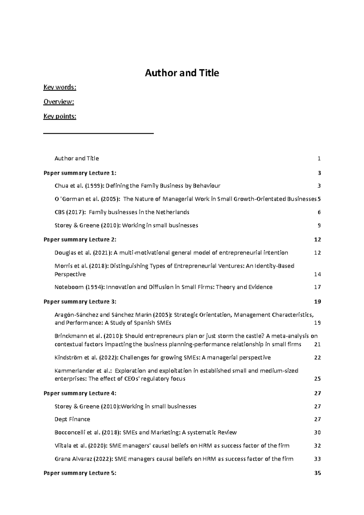 Paper summaries SBM - Author and Title Key words: Overview: Key points ...