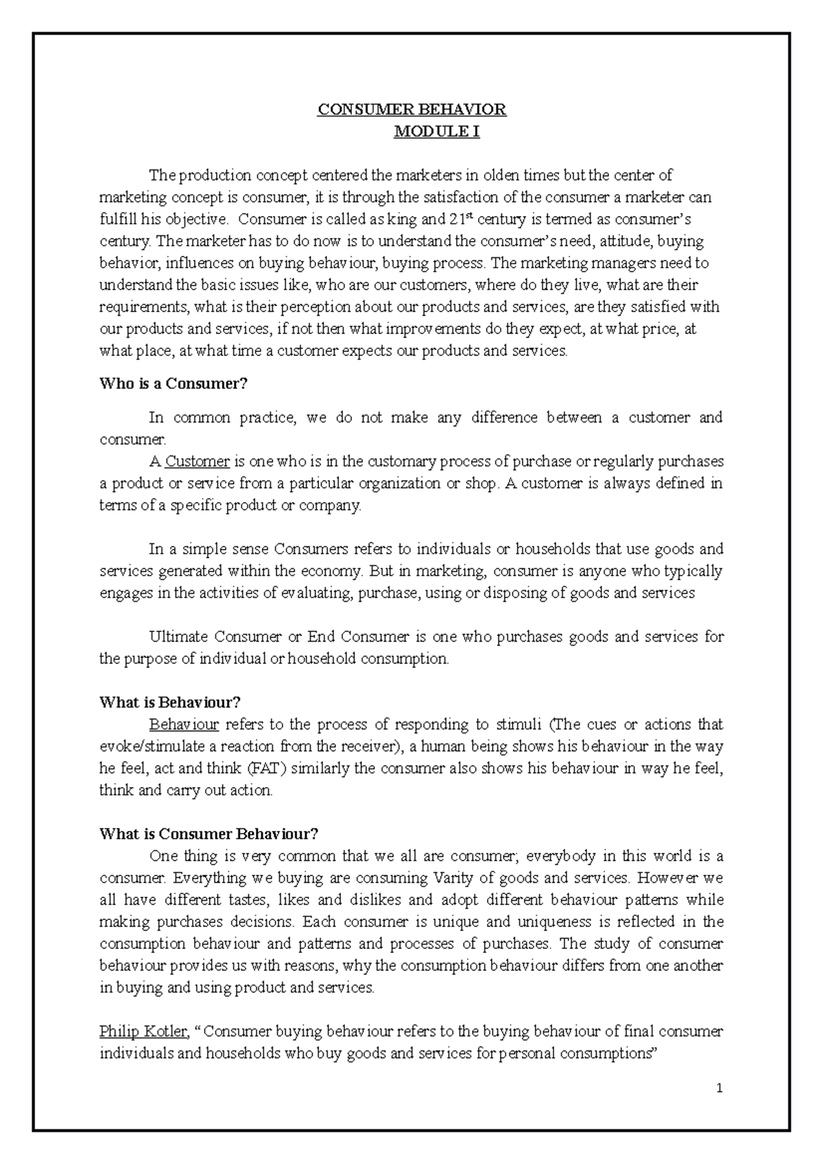 CB-1 - Copy - consumer behavior notes - CONSUMER BEHAVIOR MODULE I The ...