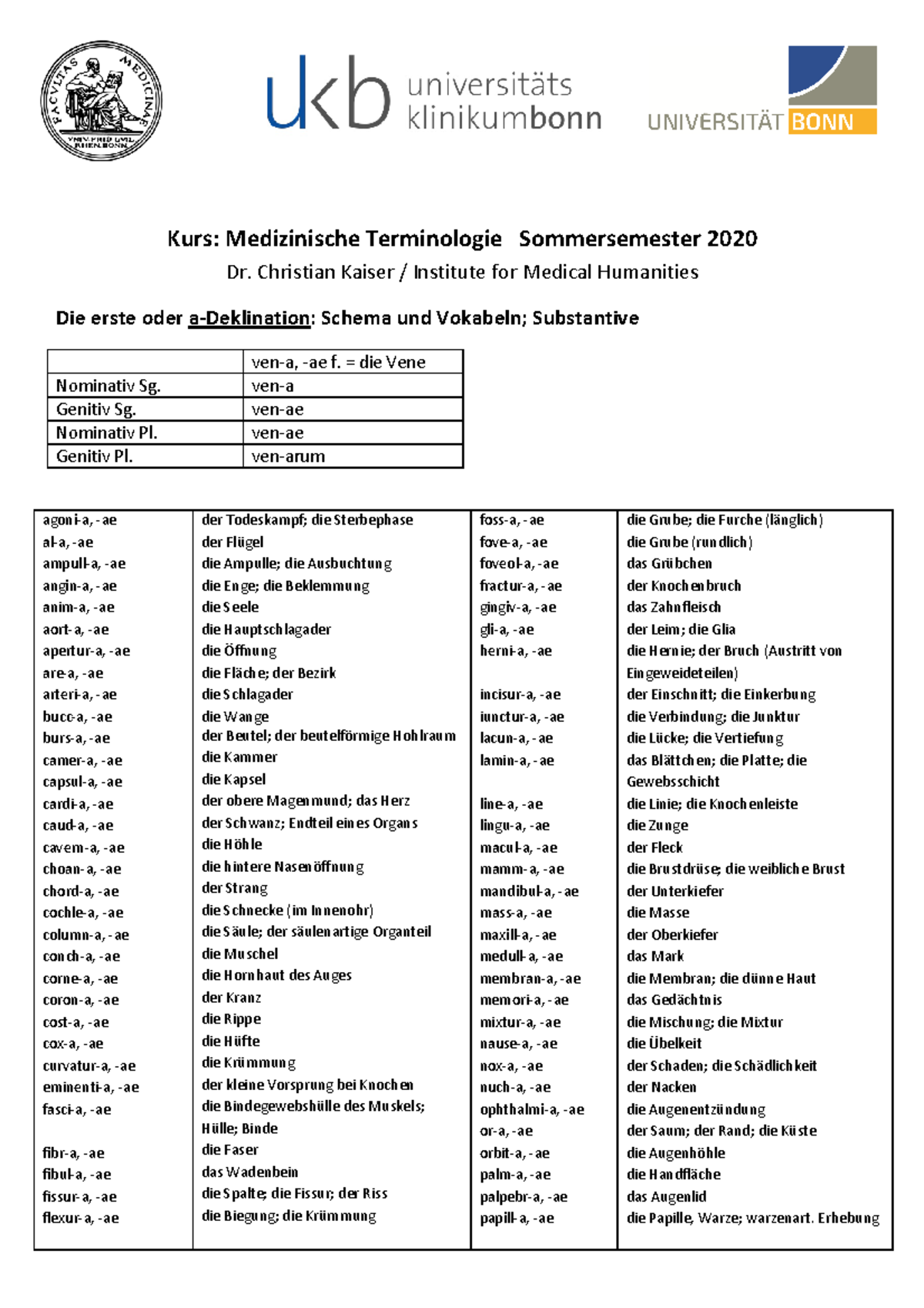 Handout a-Deklination - Kurs: Medizinische Terminologie Sommersemester ...