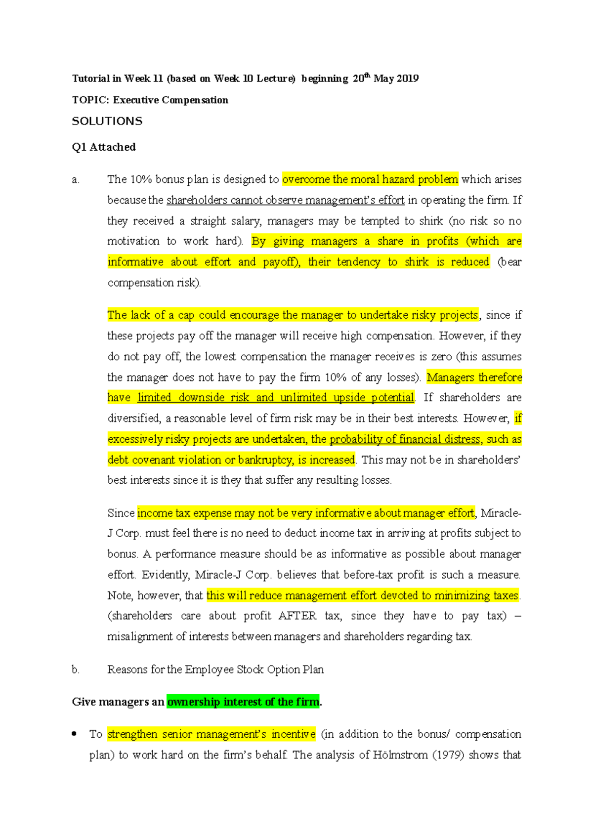 Week10 Executive Contracting solutions - Tutorial in Week 11 (based on Week 10 Lecture ...