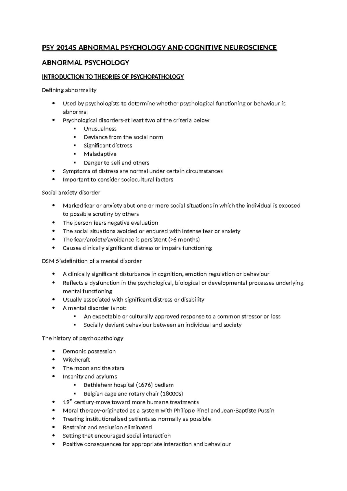 PSY 2014 S - Notes - PSY 2014S ABNORMAL PSYCHOLOGY AND COGNITIVE ...
