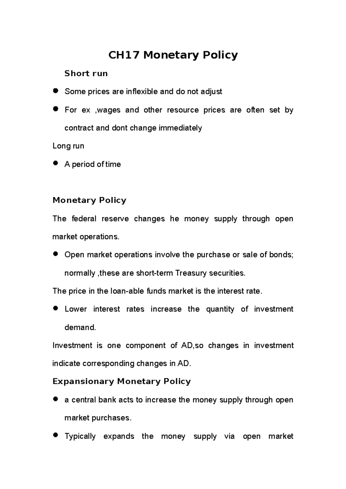CH17 Monetary Policy - Lecture notes.Professor lang - CH17 Monetary ...