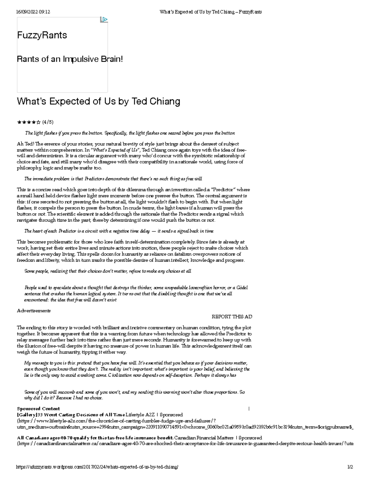 What’s Expected of Us by Ted Chiang – Fuzzy Rants - 16/09/2022 09:12 ...