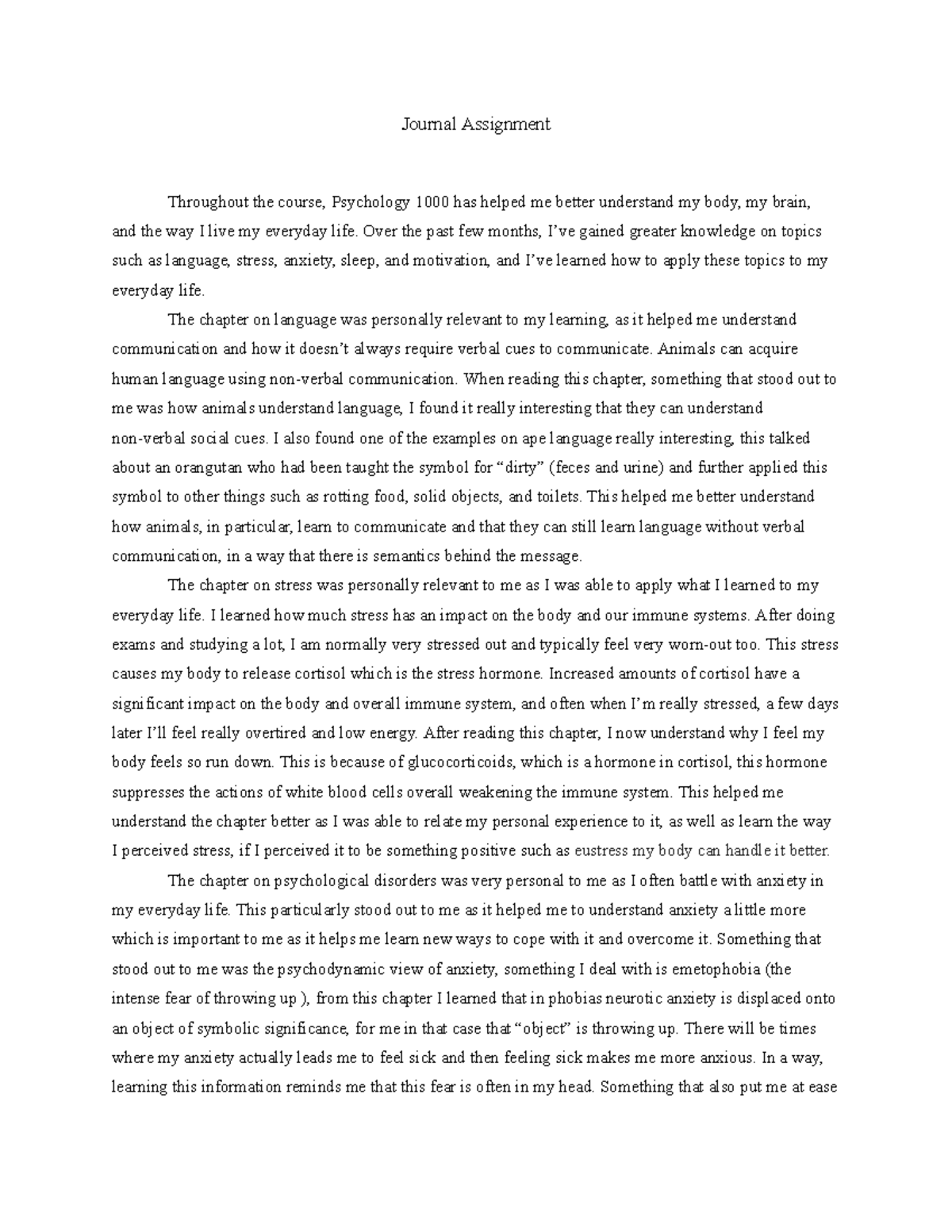 Psychology 1000 - Journal Assignment - Journal Assignment Throughout ...