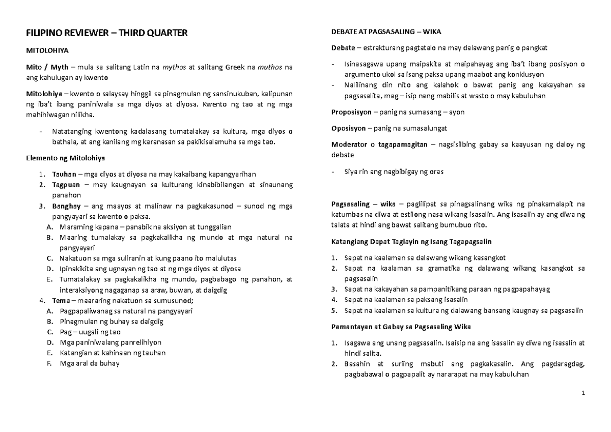 Filipino- Reviewer - FILIPINO REVIEWER – THIRD QUARTER MITOLOHIYA Mito ...