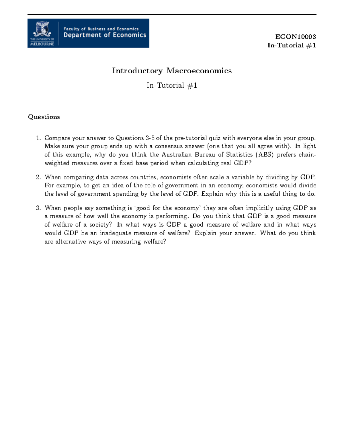 Tutorial 1 Guide - ECON In-Tutorial # Introductory Macroeconomics In ...