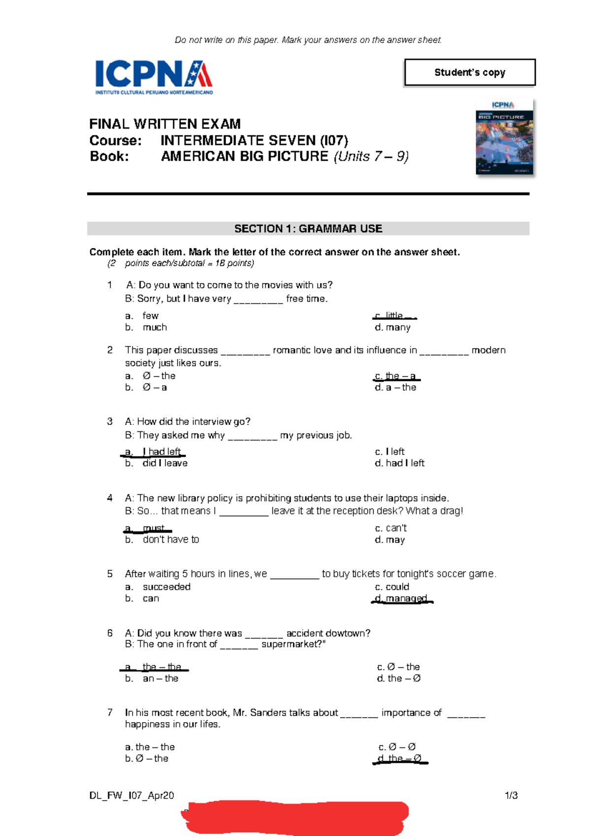 I07 FINAL WRITTEN EXAM ICPNA SOLVED - Do not write on this paper. Mark ...