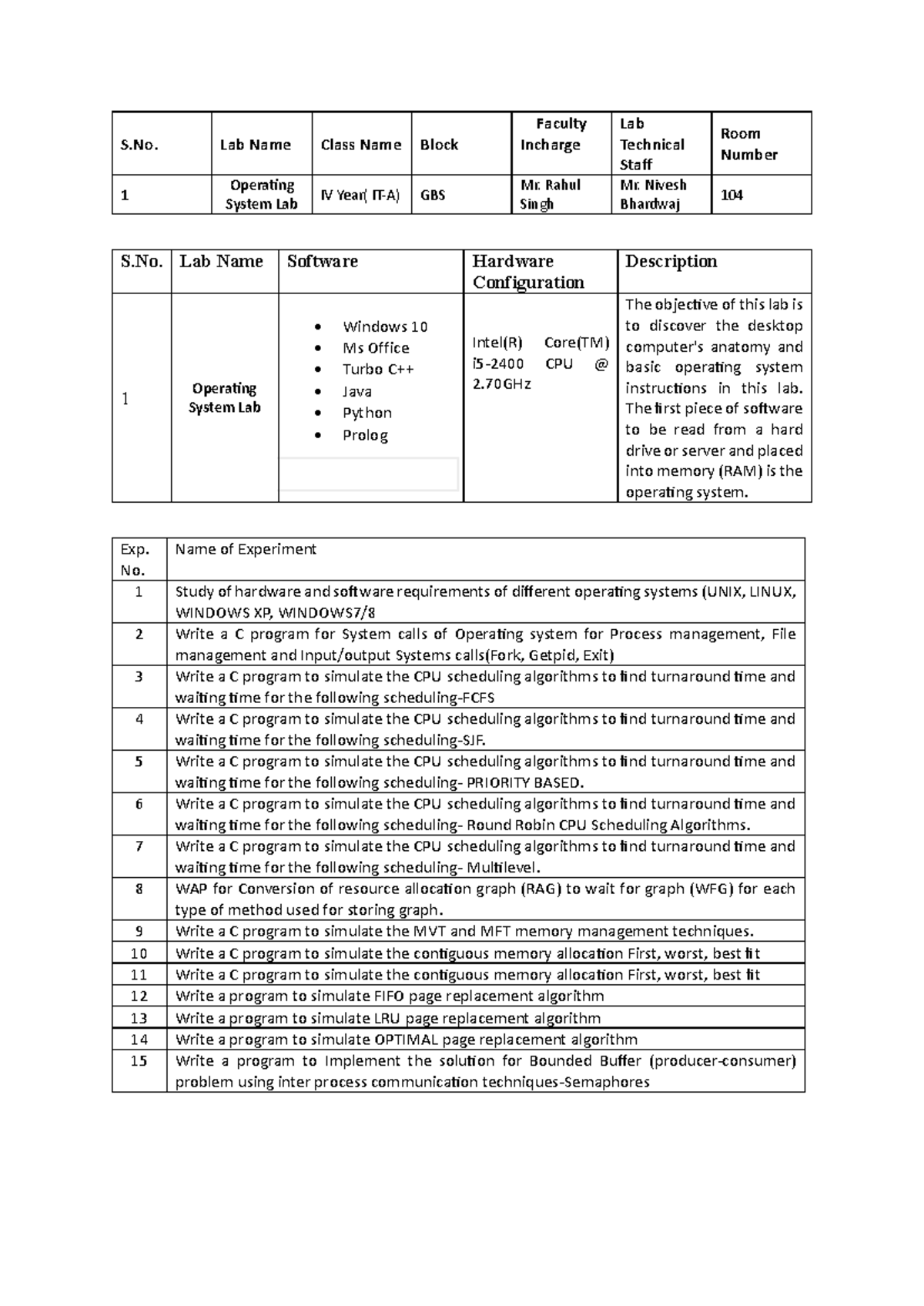 Operating-System-lab - S. Lab Name Class Name Block Faculty Incharge ...