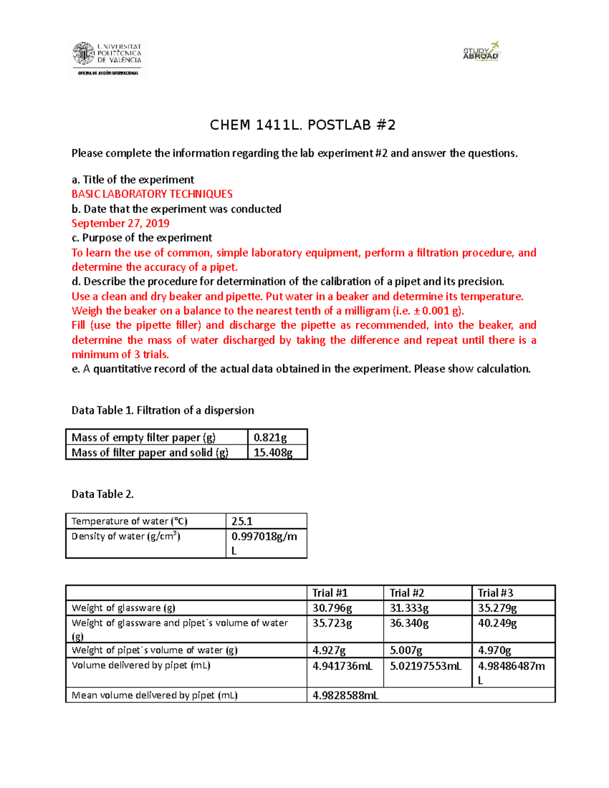 Exp2 postlab - UPV Chem post lab - CHEM 1411L. POSTLAB Please complete ...