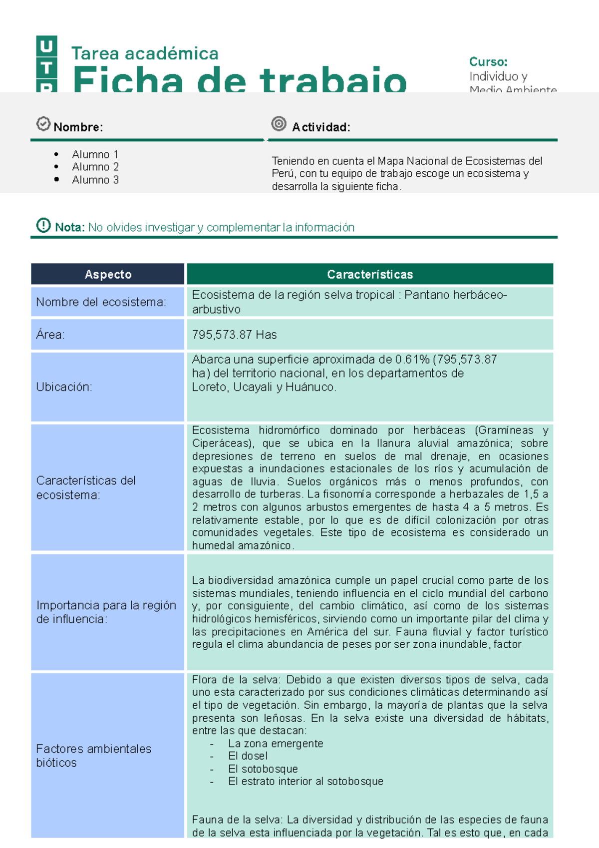 Ecosistema Selva Tropical - Nombre: Actividad: Alumno 1 Alumno 2 Alumno 3 Teniendo en cuenta ...