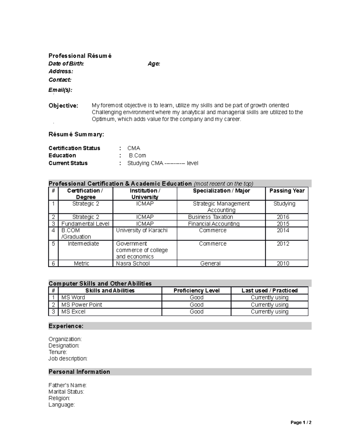 Cv Format (CMA Students Fresh) - Professional Résumé Date of Birth: Age ...