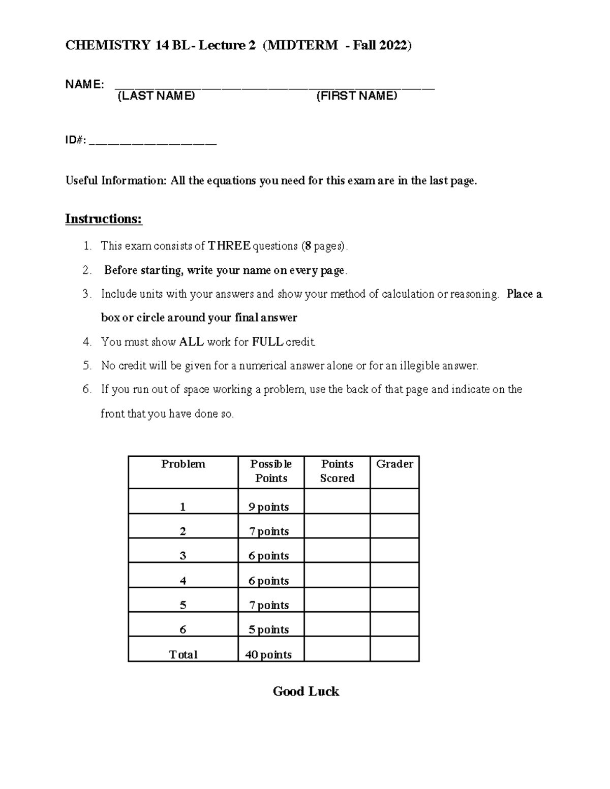 MH Fall 22 Midterm 14BL- Lecture 2 - CHEMISTRY 14 BL- Lecture 2 ...