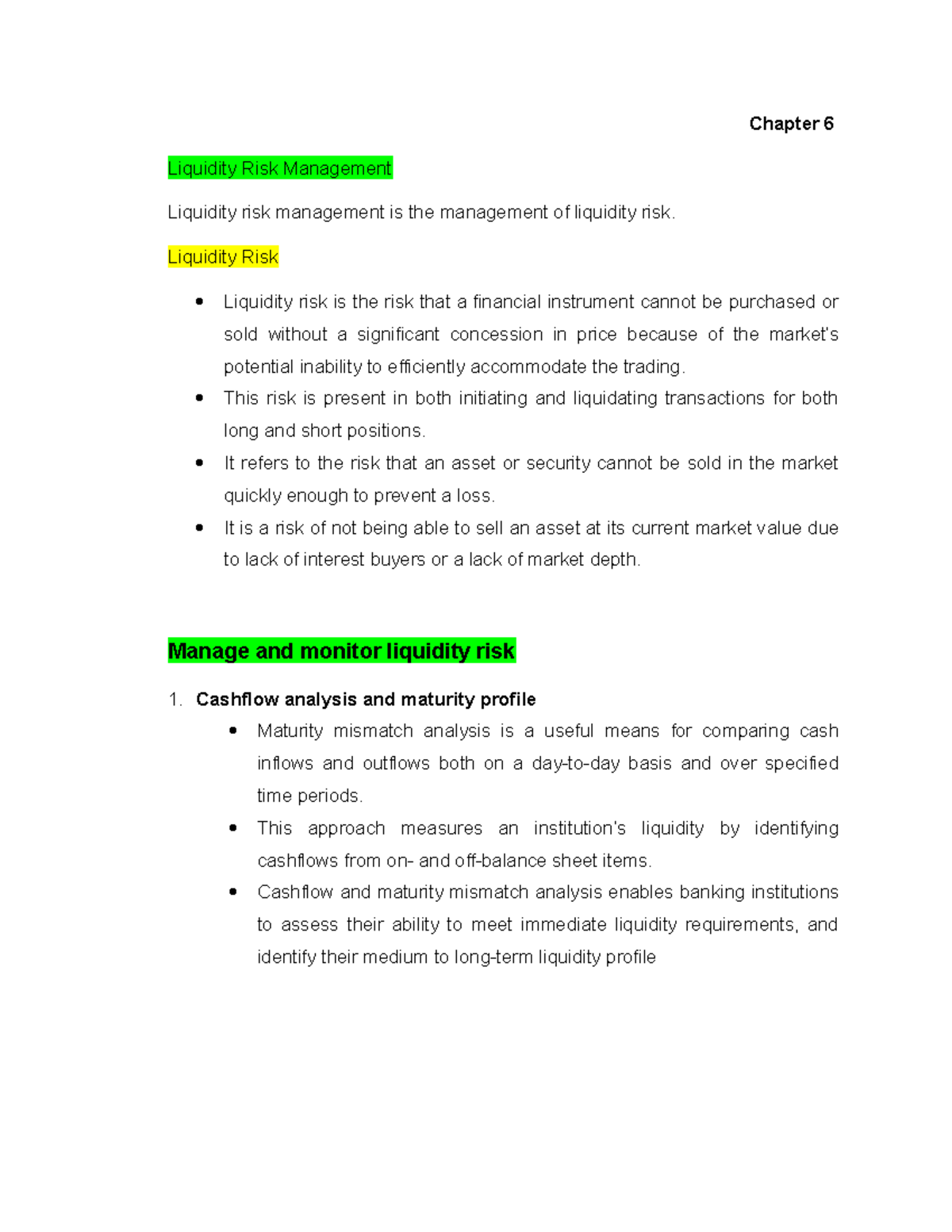 Chapter 6 - Chapter 9 - notes - Chapter 6 Liquidity Risk Management ...