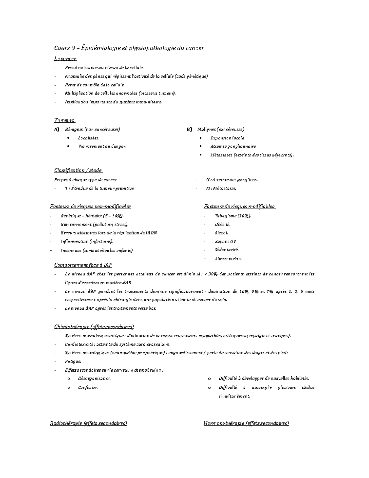 Cours 9 - cancer - Cours 9 – Épidémiologie et physiopathologie du ...