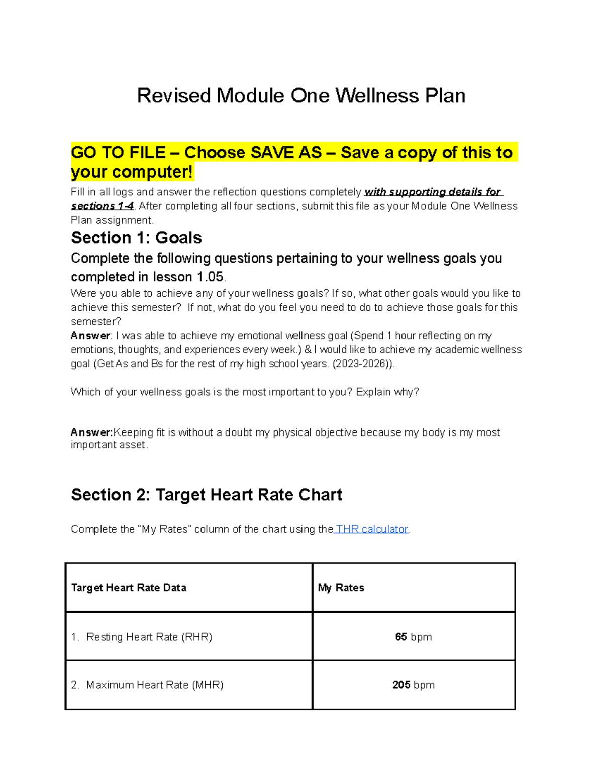 Module One Wellness Plan - After completing all four sections, submit ...