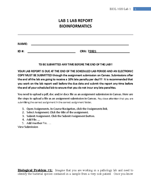 Lab 1- Lab Report - LAB 1 LAB REPORT BIOINFORMATICS NAME: ID #: CRN: TO BE HANDED IN AT THE END ...
