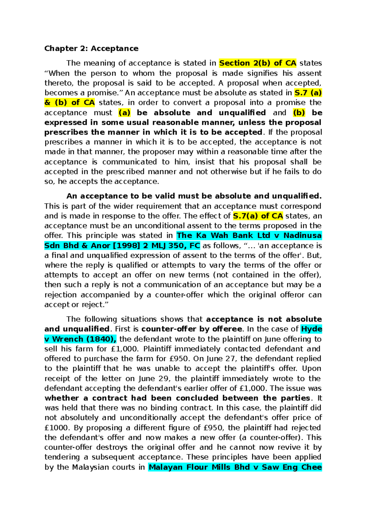 Acceptance Notes For Contracts Law 1 - Chapter 2: Acceptance The ...