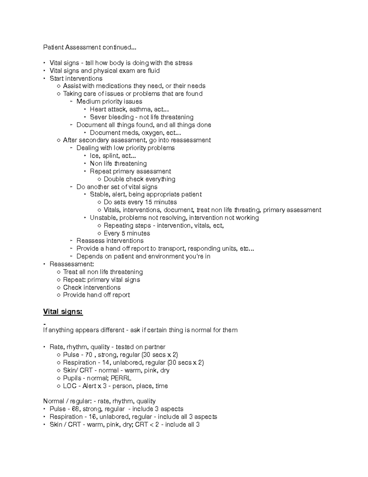 Patient Assessment - Vital Signs - Patient Assessment continued ...