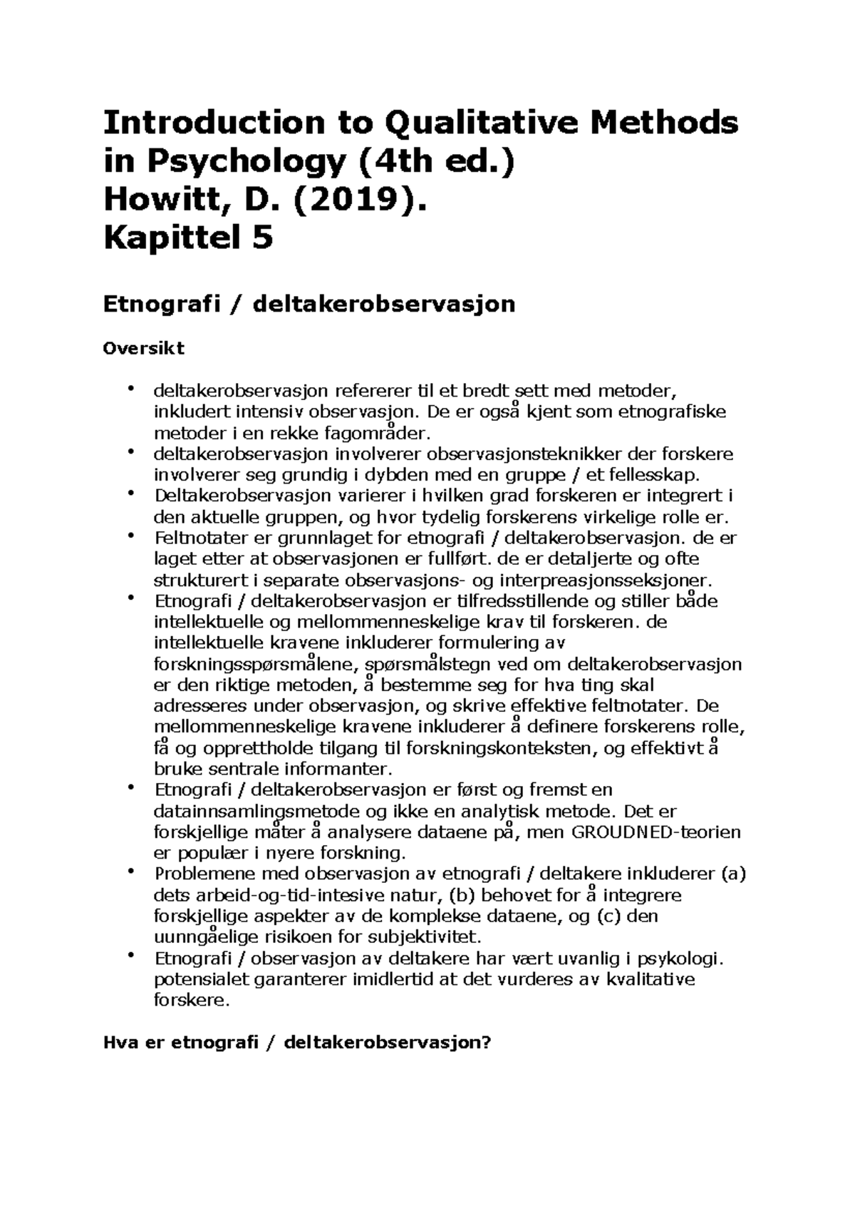 Howitt kapittel 5 - Introduction to Qualitative Methods in Psychology ...