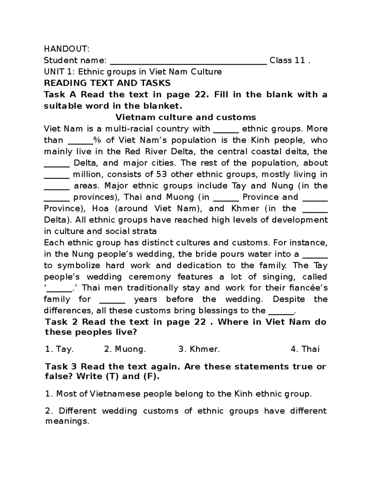 Handout 1I - Tiếng anh 11 - HANDOUT: Student name ...