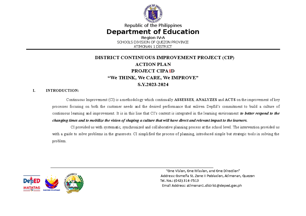Atimonan 1 District CIP SY23-24 - Department of Education ...