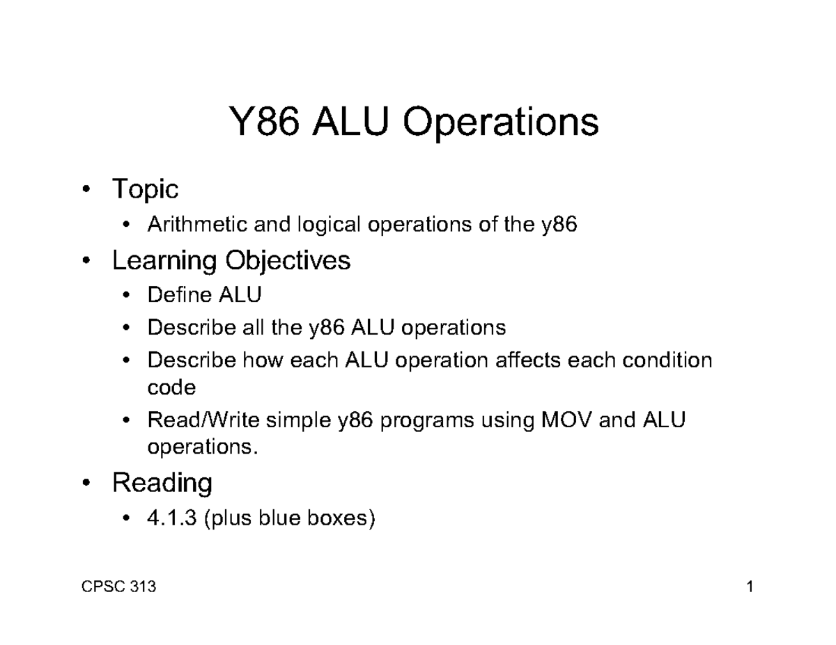 Y86-alu - Pre Class Activity - Y86 ALU Operations " Topic Arithmetic and logical operations of ...