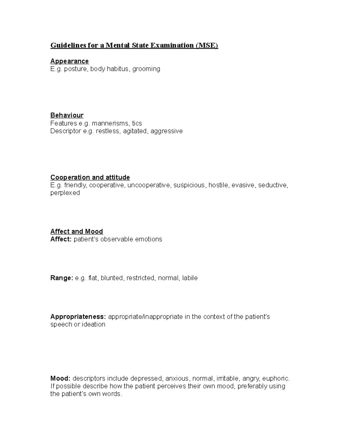 MSEGuidelines - Guidelines for a Mental State Examination (MSE ...